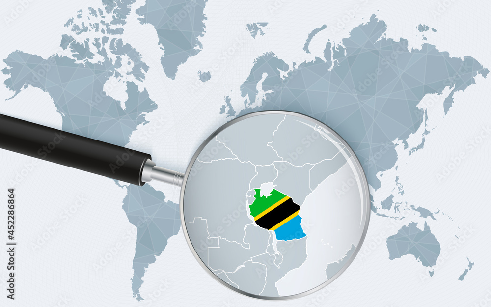 World map with a magnifying glass pointing at Tanzania. Map of Tanzania ...