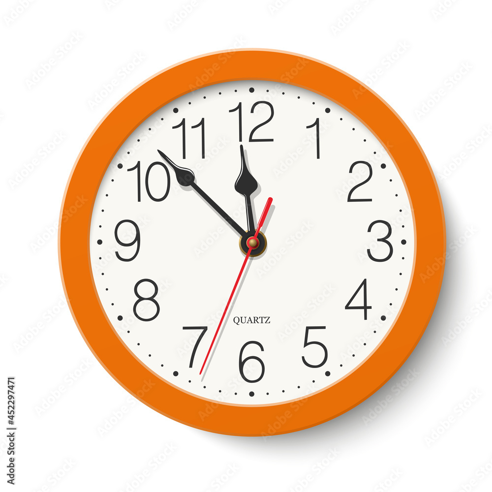 Round wall clock in orange color body isolated on white background ...