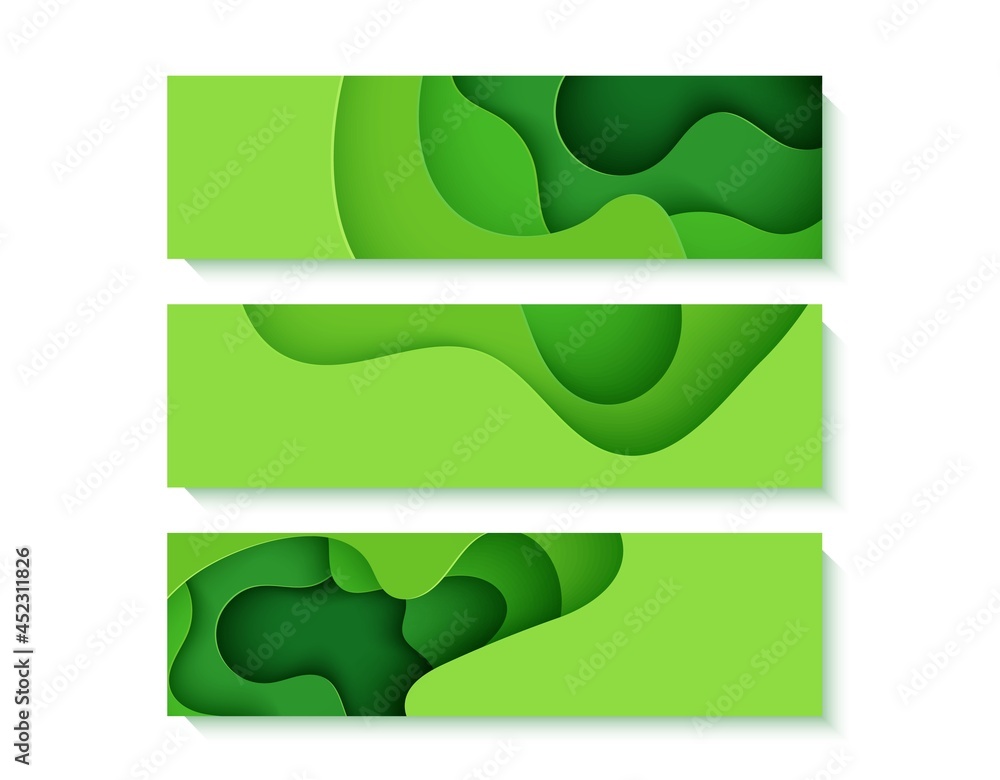 Set of green flyers in paper cut style. Collection of vertical banners ...