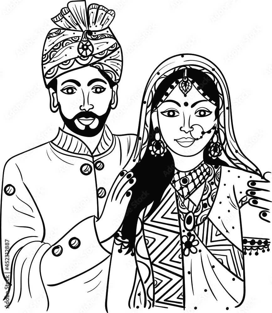 Indian wedding clip art bride and groom standing, black and white line ...