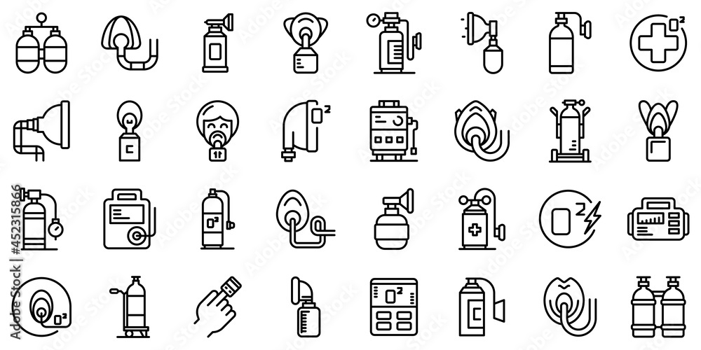 Medical oxygen concentrator icons set outline vector. Aid doctor. Air ...