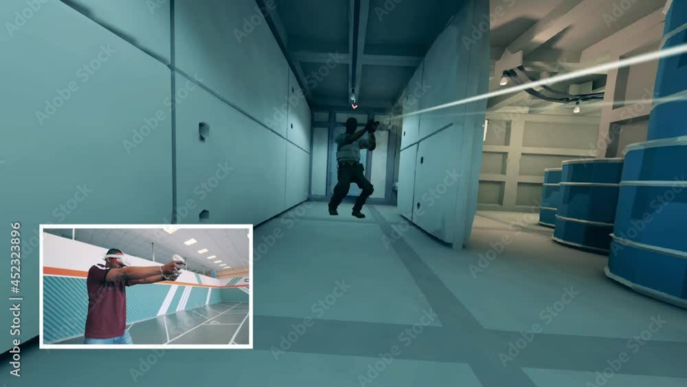 Augmented reality video game. Two displays with a VR-simulation and a ...