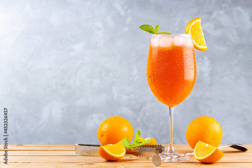 Aperol spritz cocktail with bar accessories. Italian aperol spritz ...