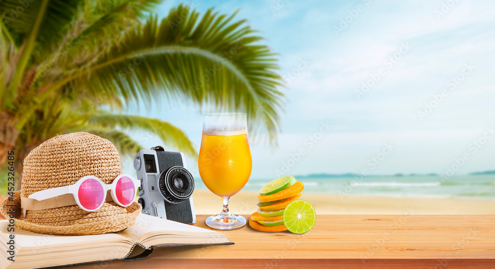 tropical sea view with a summer holiday. On the table are juice drinks ...