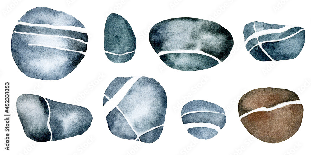 watercolor drawing. set of sea stones of gray-blue color with white ...