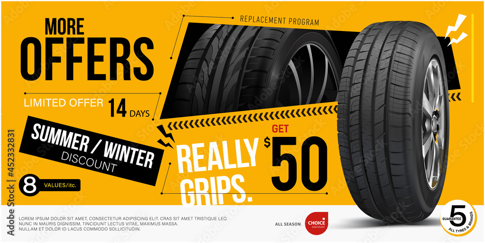 Tire car advertisement poster. Black rubber tire. Realistic vector ...