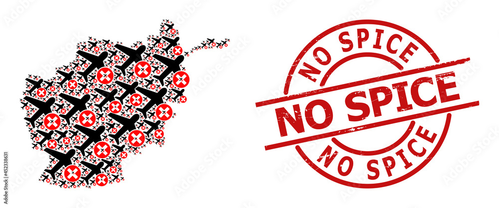 Rubber No Spice seal, and closed airplane collage of Afghanistan map ...