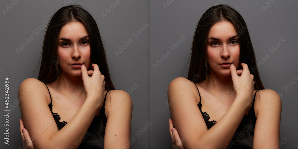 Before-after processing. Woman before and after retouch. Comparison ...