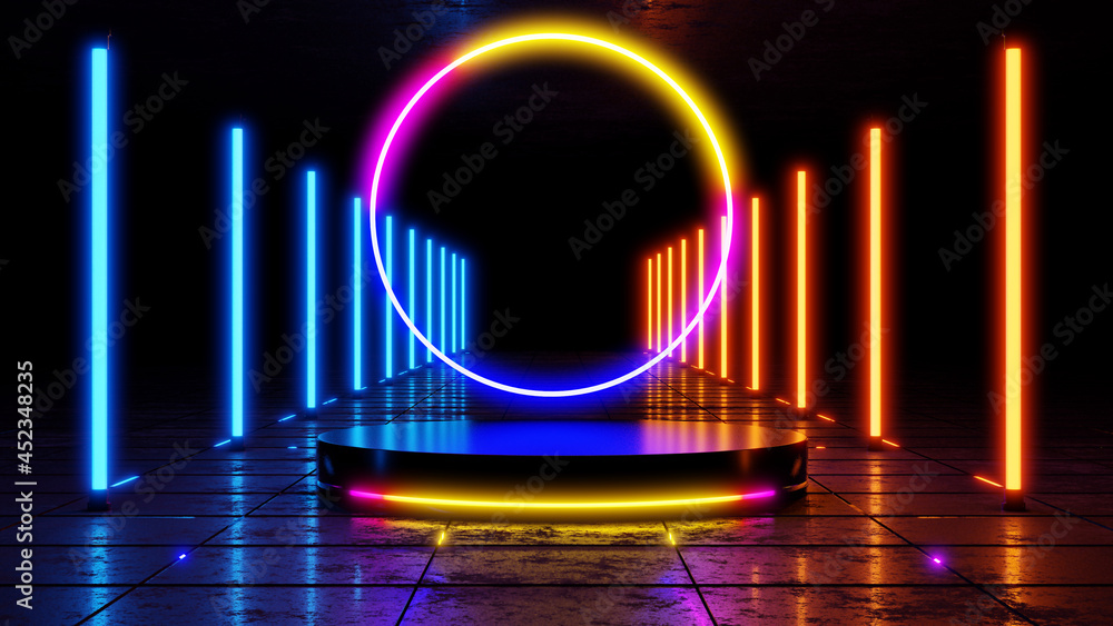 Blank product stand with neon lights on sifi landscape. 3d rendering ...