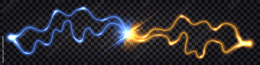 Electric discharge collision, blue vs yellow lightning thunder bolt ...