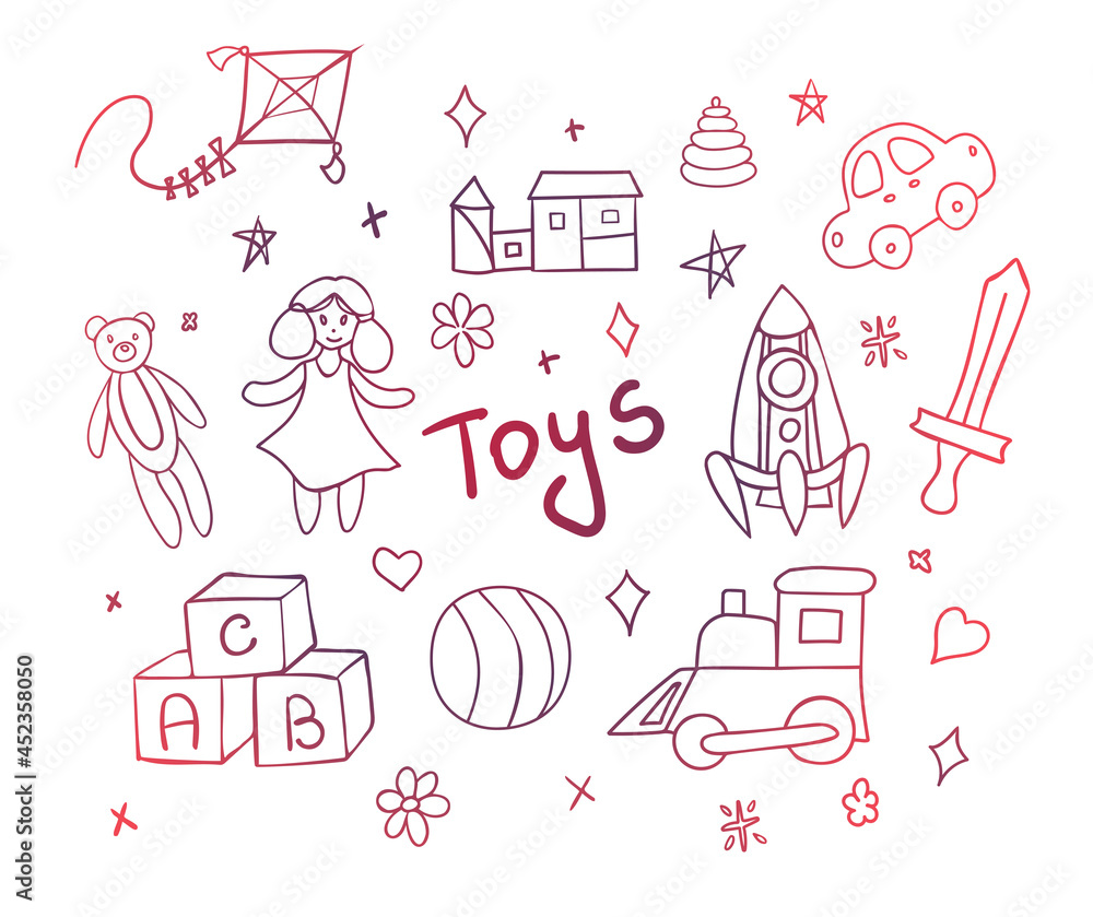Doodle toys set. Different hand drawn children toys. Vector ...