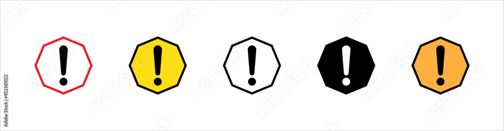 Octagon exclamation mark icon vector set. Red, black, yellow and white ...