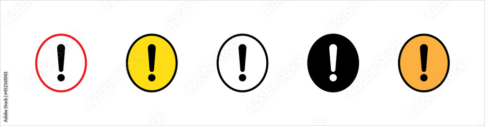 Ellipse exclamation mark icon vector set. Red, black, yellow and white ...