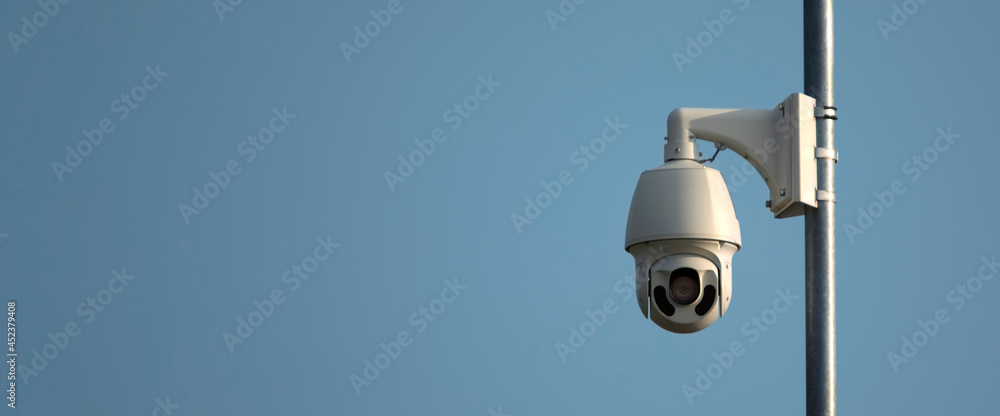 Swivel high quality CCTV camera on sky background. Stock Photo | Adobe ...