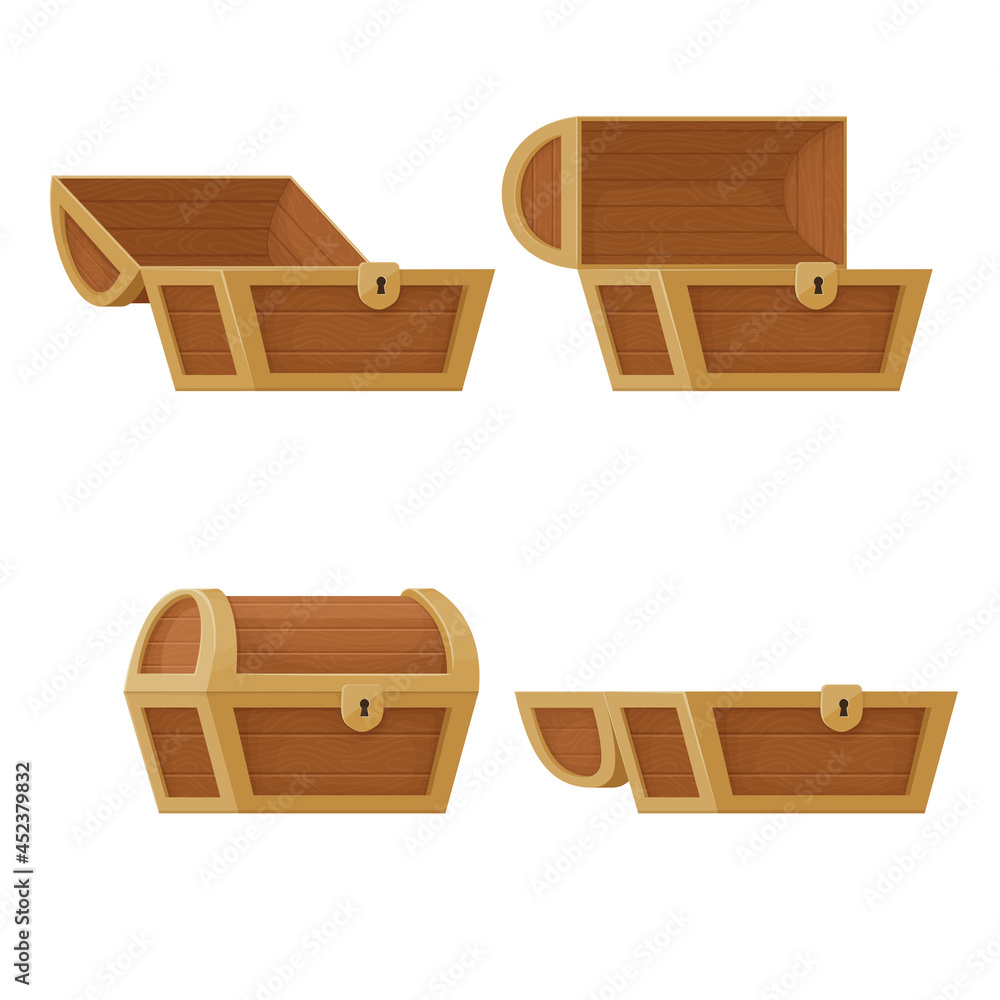 Collection of old wooden chests with open and closed lids. Pirate ...