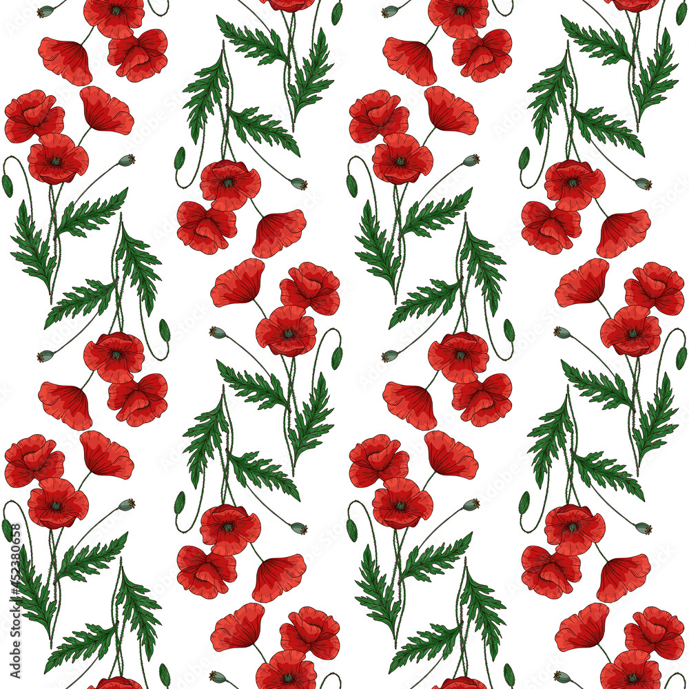 Seamless pattern with red poppy flowers. Papaver. Green stems and ...