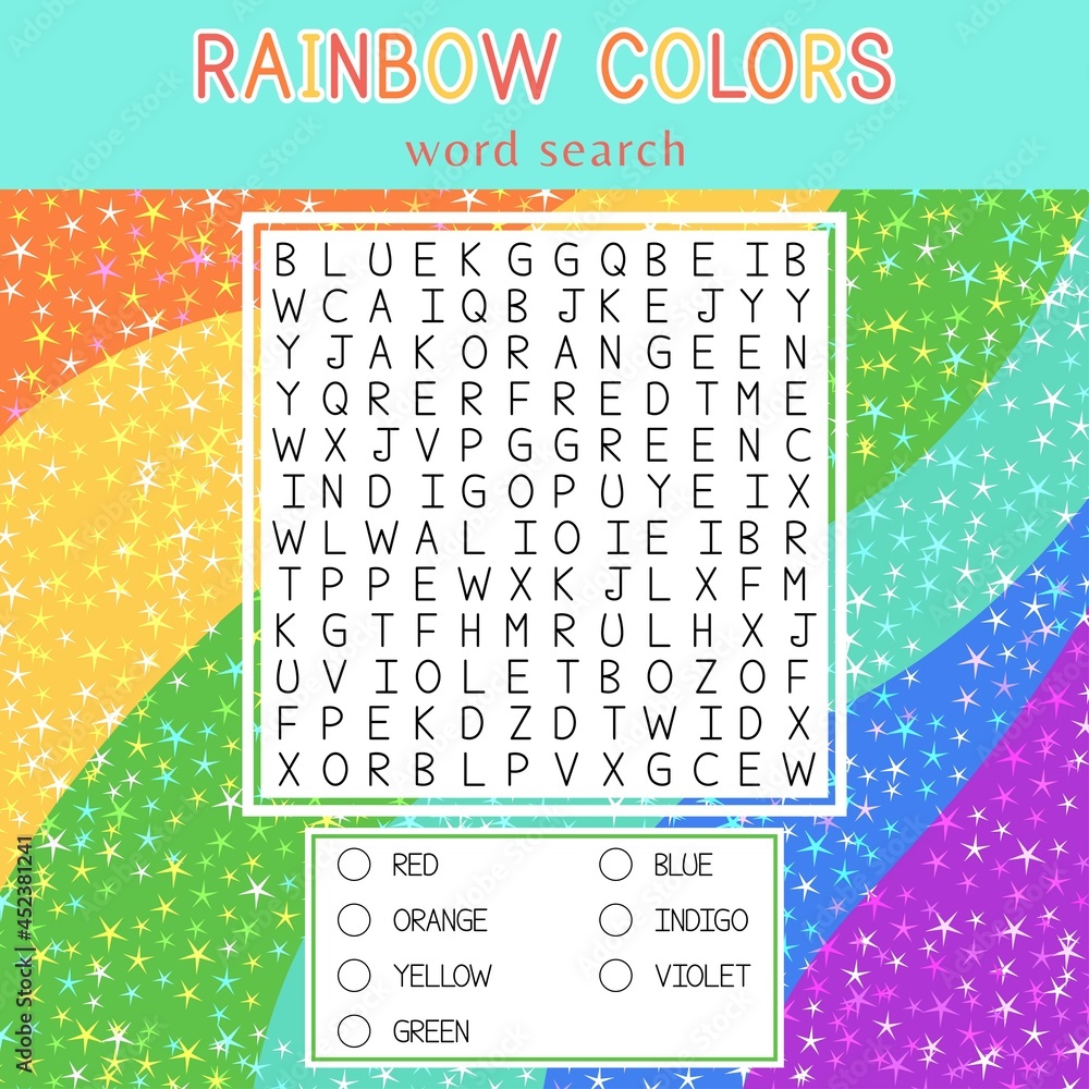 Vetor de Rainbow colors word search game for kids. Crossword game for ...