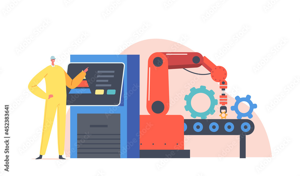 Remote Control on Plant, Conveyor Belt Smart Factory Workflow. Worker ...