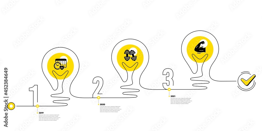 Lightbulb journey path infographics. Gym Infographic timeline with 3 ...