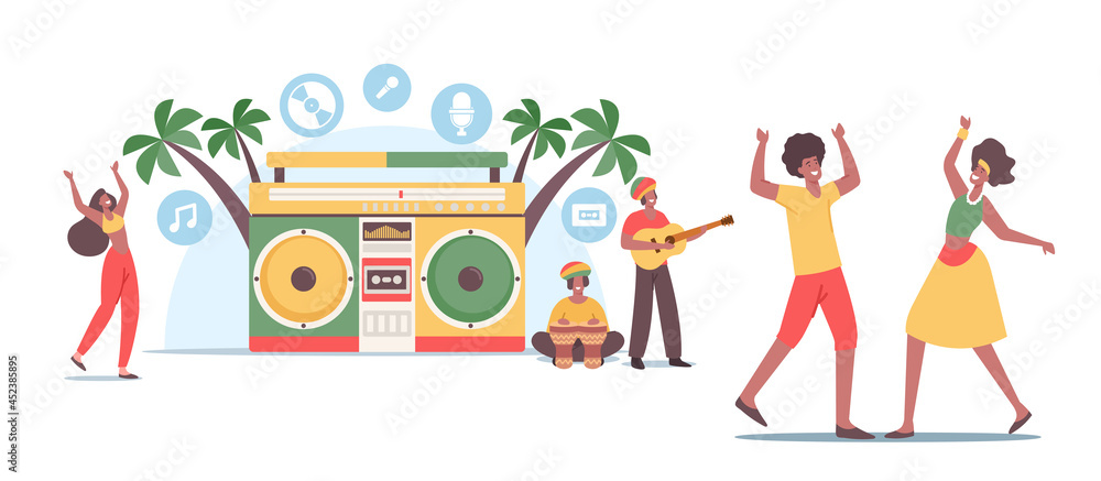 Reggae Party. Tiny Rasta Male and Female Characters in Jamaica Costumes ...