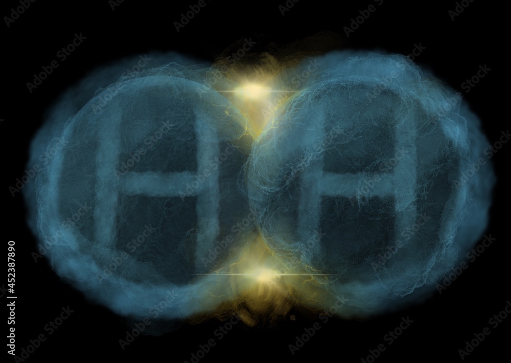 Drawn image of molecule H2 - molecular hydrogen in cosmos style with ...
