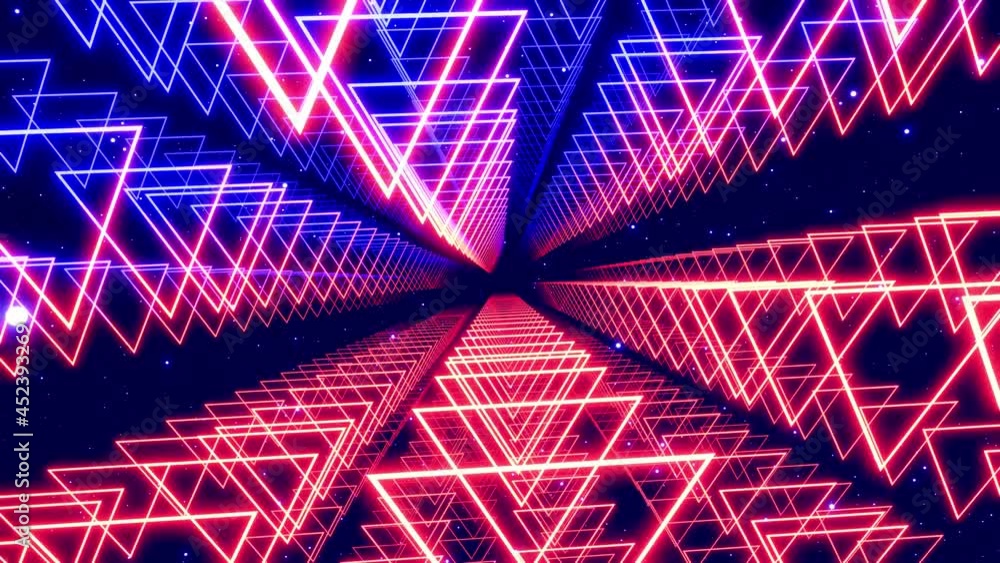 Motion design array of triangle, camera flies and rotates in digital ...