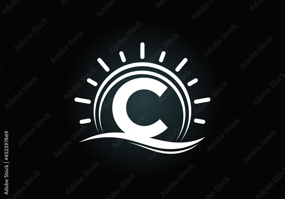 Initial C monogram alphabet with abstract sun and wave. Ocean sun logo ...