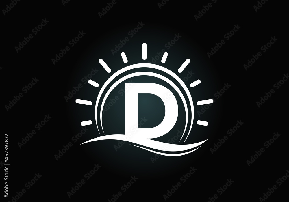 Initial D monogram alphabet with abstract sun and wave. Ocean sun logo ...