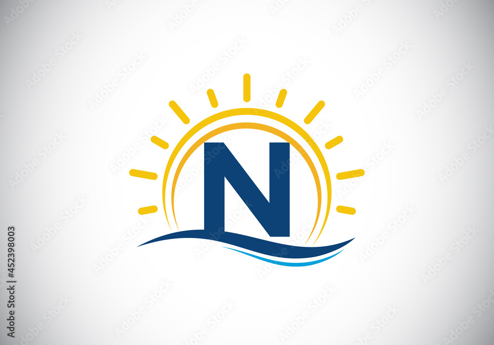 Initial N monogram alphabet with abstract sun and wave. Ocean sun logo ...