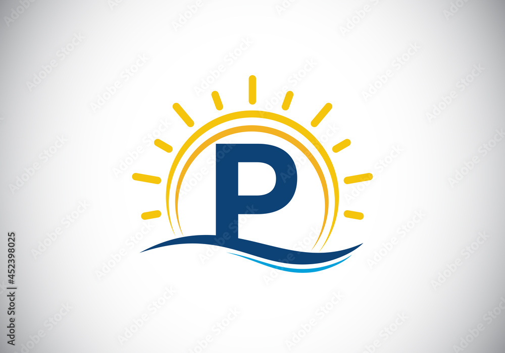 Initial P monogram alphabet with abstract sun and wave. Ocean sun logo ...