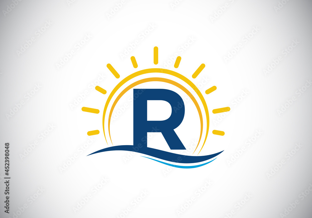 Initial R monogram alphabet with abstract sun and wave. Ocean sun logo ...