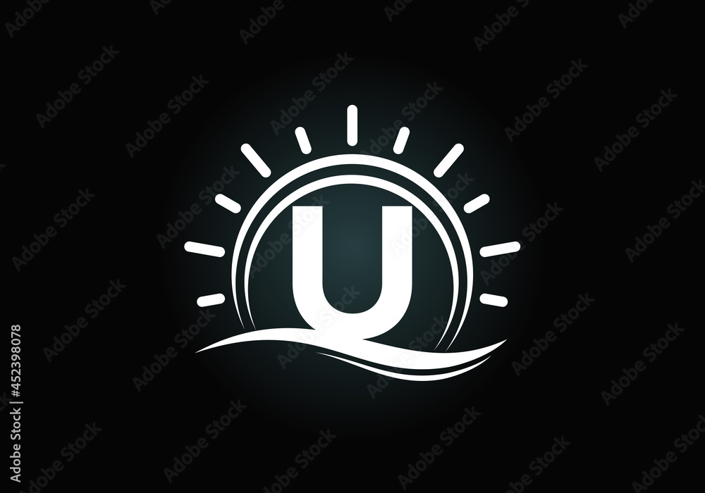 Initial U monogram alphabet with abstract sun and wave. Ocean sun logo ...