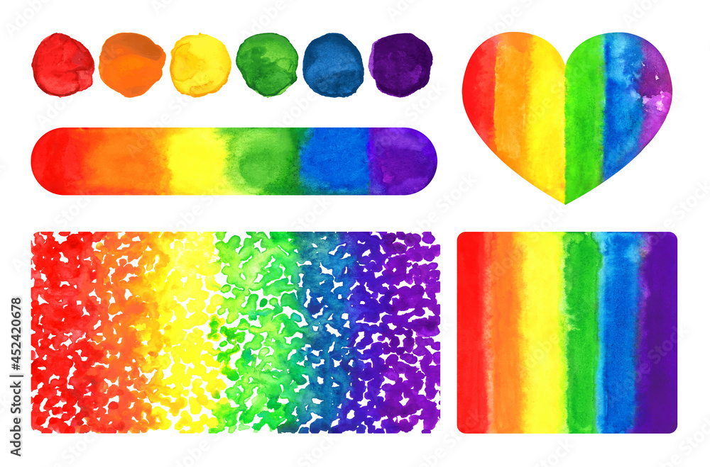 large set of LGBT Pride Month painted in watercolor. Brush stroke ...