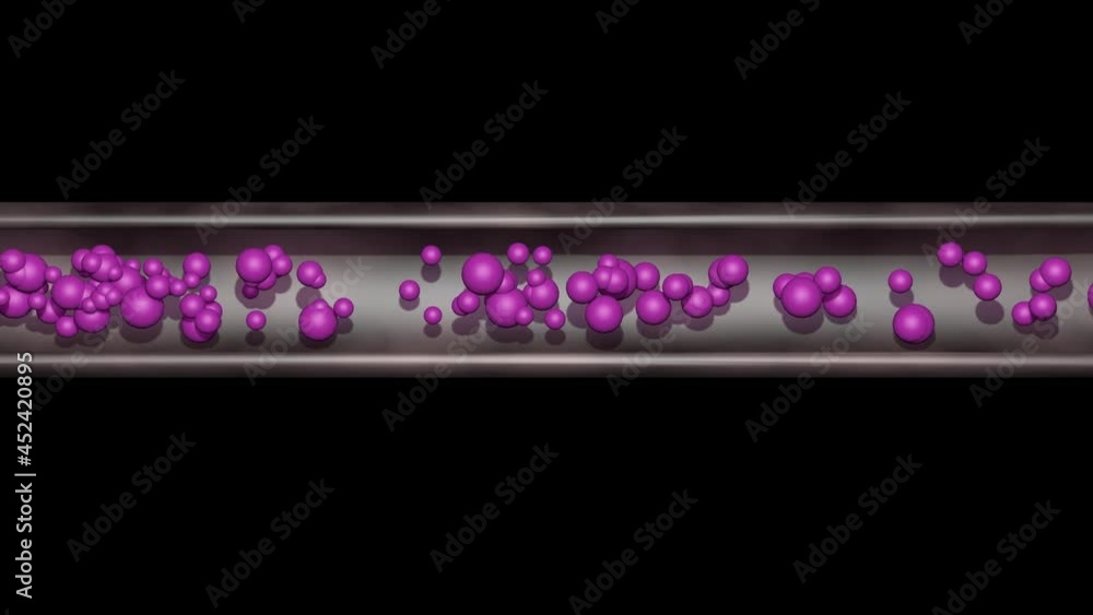 Particles moving through tube . Spheres , balls move through cylinder ...