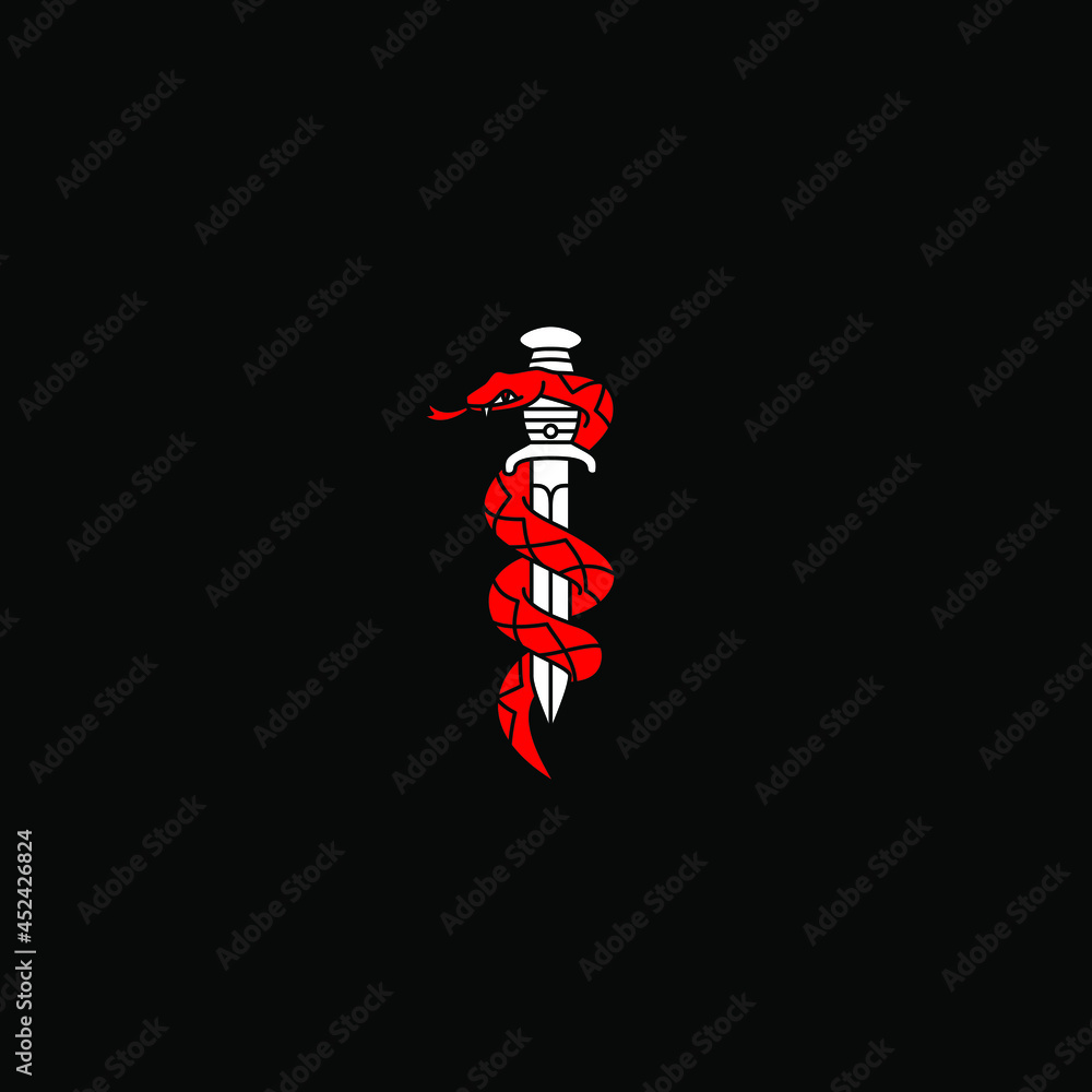 Vector illustration of snake and knife. Horror art on black background ...