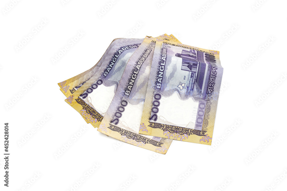 Bangladeshi one thousand taka banknotes on an isolated white background ...