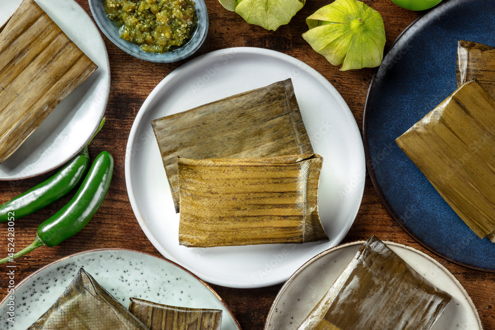 Tamales oaxaquenos, traditional dish of the cuisine of Mexico, overhead ...