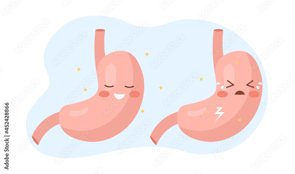 Smiling healthy stomach and sad sick stomach character. Violation of ...