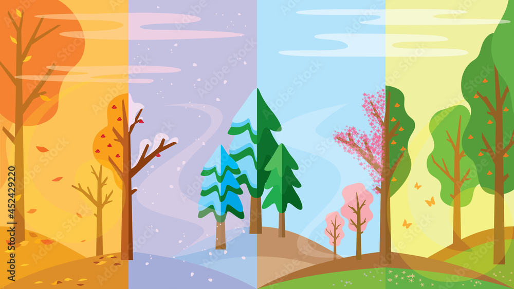 Four seasons landscape, cartoon style, autumn, winter, spring and ...