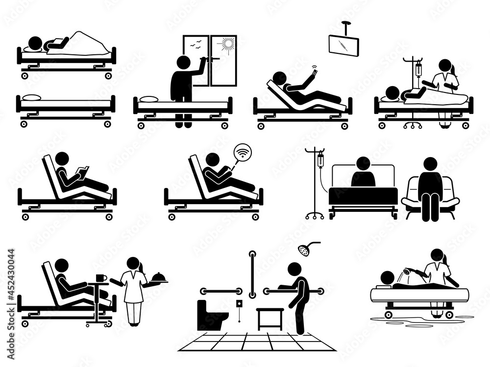 Patient at hospital room with many facilities stick figure pictogram ...