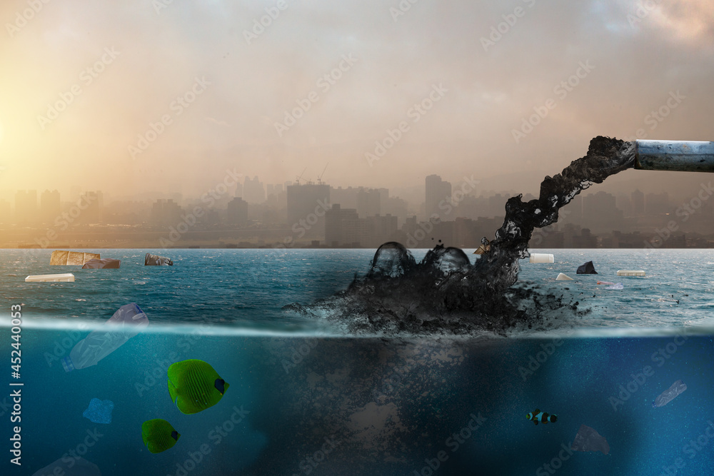 Sewage flowing from pipe to ocean with garbage and plastic. Sea and ...