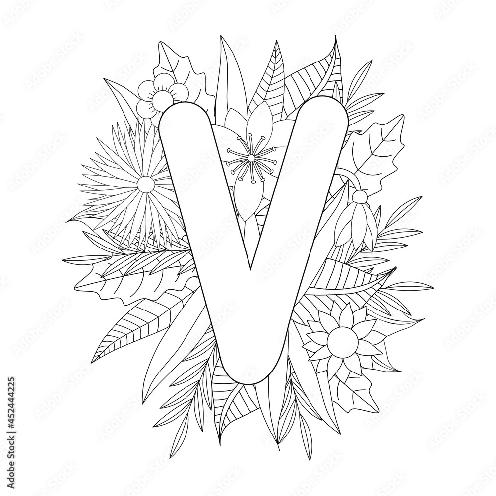 Letter V coloring page. Floral coloring. Stock Vector | Adobe Stock