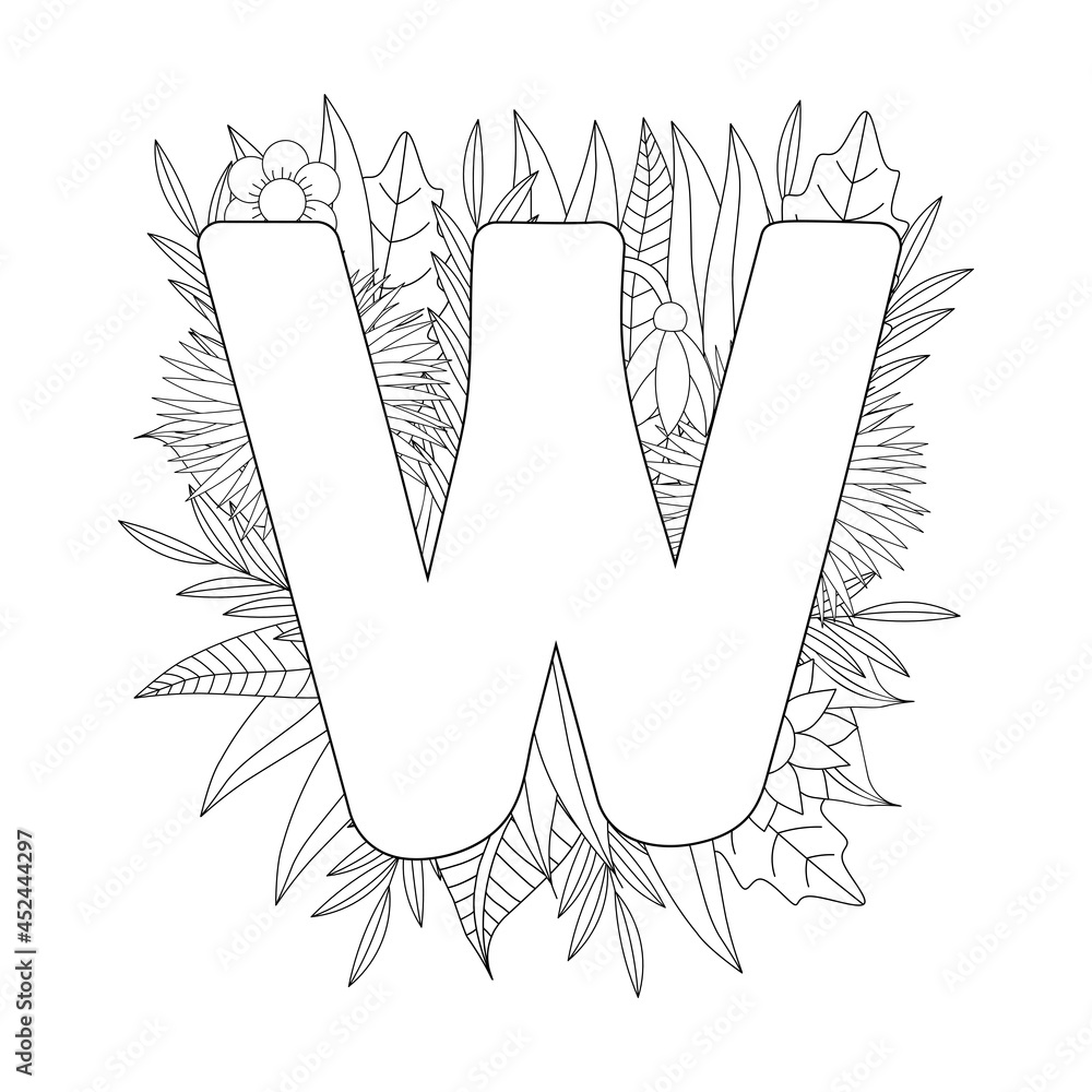 Letter W coloring page. Floral coloring. Stock Vector | Adobe Stock