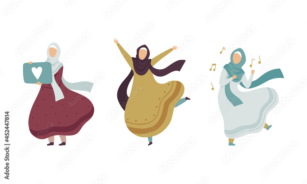 Muslim Woman in Hijab Working at Laptop and Dancing Vector Set Stock ...