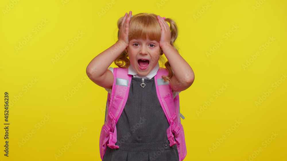 Oh my God, wow. Excited amazed little blonde teenage child kid girl in ...