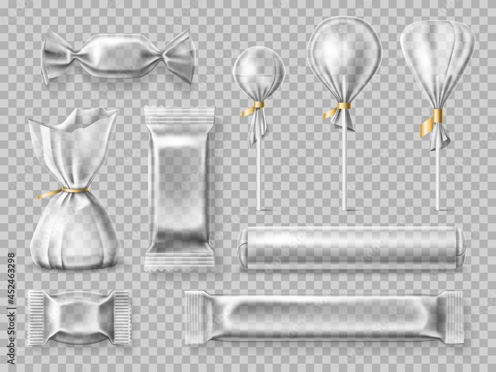Transparent candy package. Realistic plastic different sweets wrappers ...