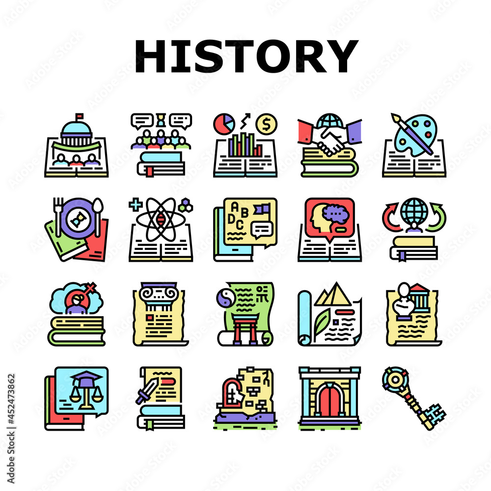 History Learn Educational Lesson Icons Set Vector. Environmental And ...
