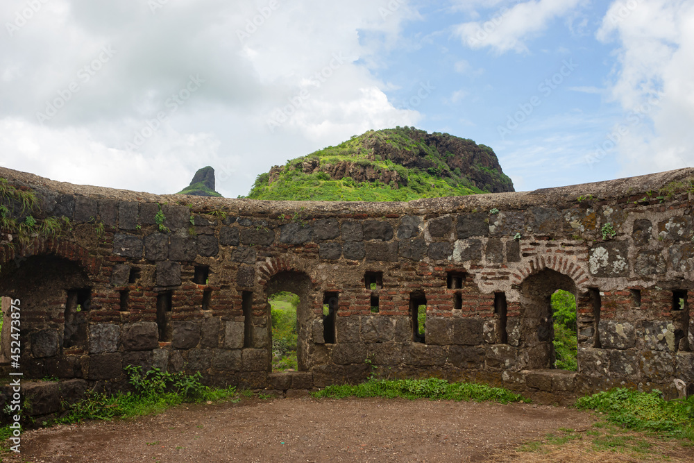 Inside view of old ruined protection wall of Dhodap fort, Nashik ...