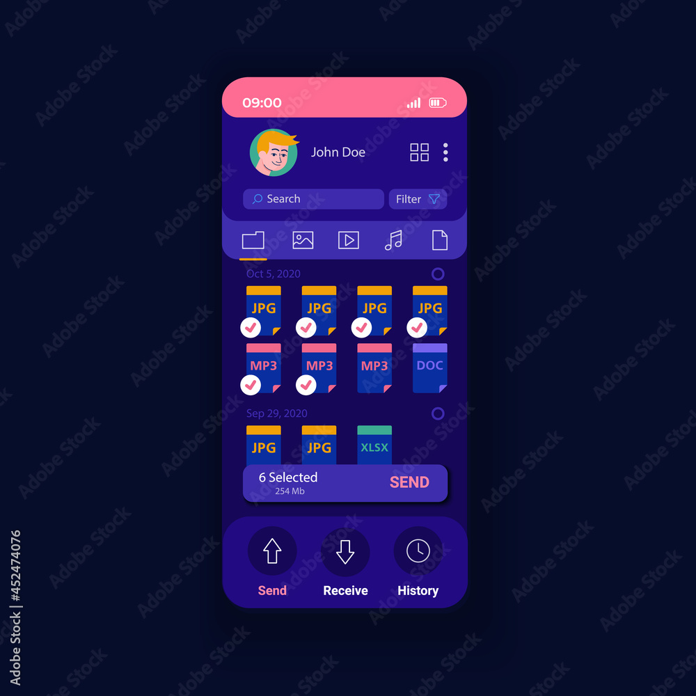 Application for sharing data night smartphone interface vector template. Mobile app page design ...