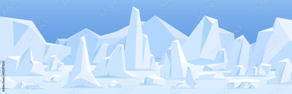 Northern polar landscape with icebergs in snow. Arctic ice bergs ...